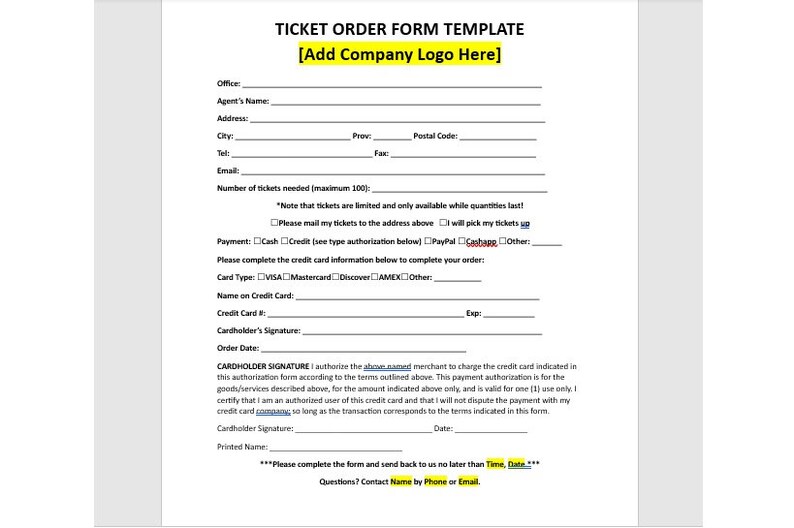 Editable Ticket Order Form, Ticket Order Form Template, Editable Order ...