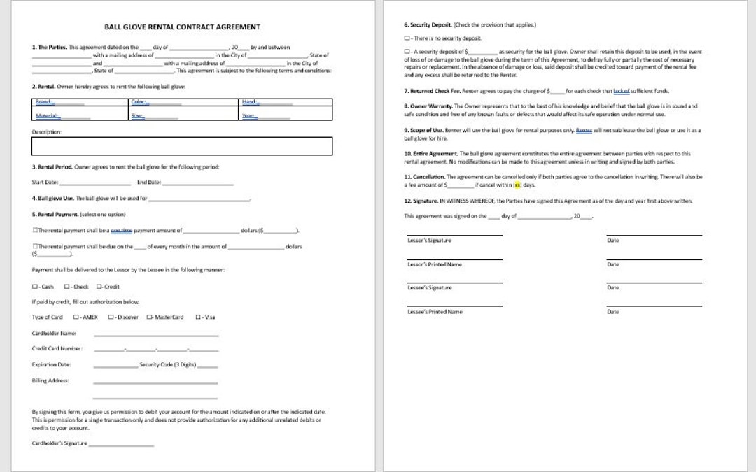Editable Ball Glove Pool Rental Contract Agreement, Baseball Glove ...