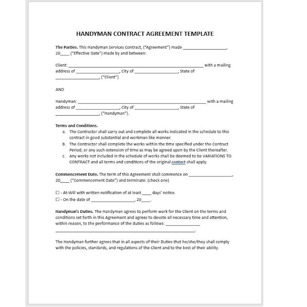 Handyman Agreement Template - Etsy