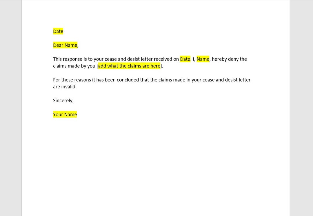 Cease and Desist Response Denial Letter, Cease and Desist Response ...