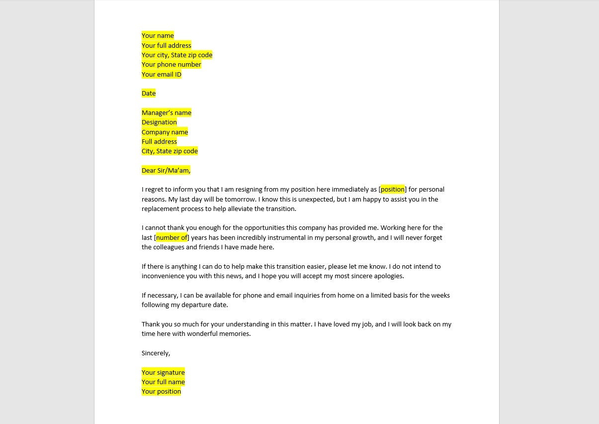 Resignation Letter Effective Immediately Resignation Letter Generator: