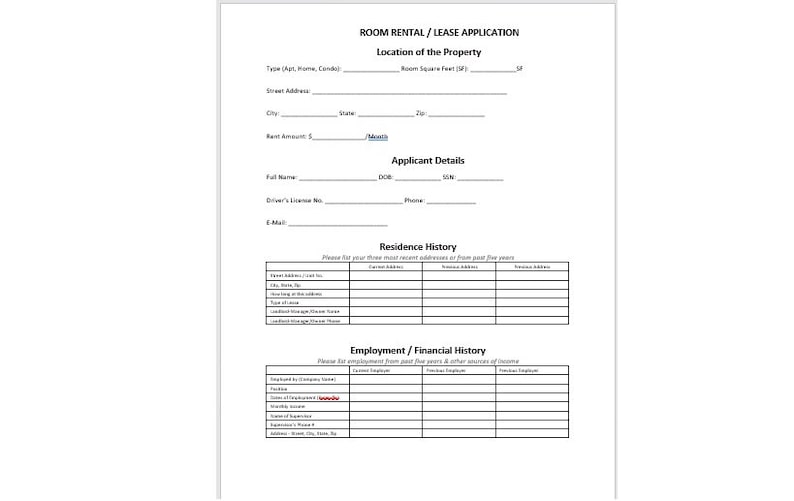 Room Rental Application Template, Rental Application, Rental Template ...