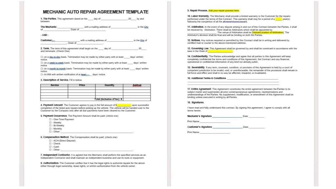 Editable Mechanic Agreement, Mechanic Agreement, Mechanic Contract ...