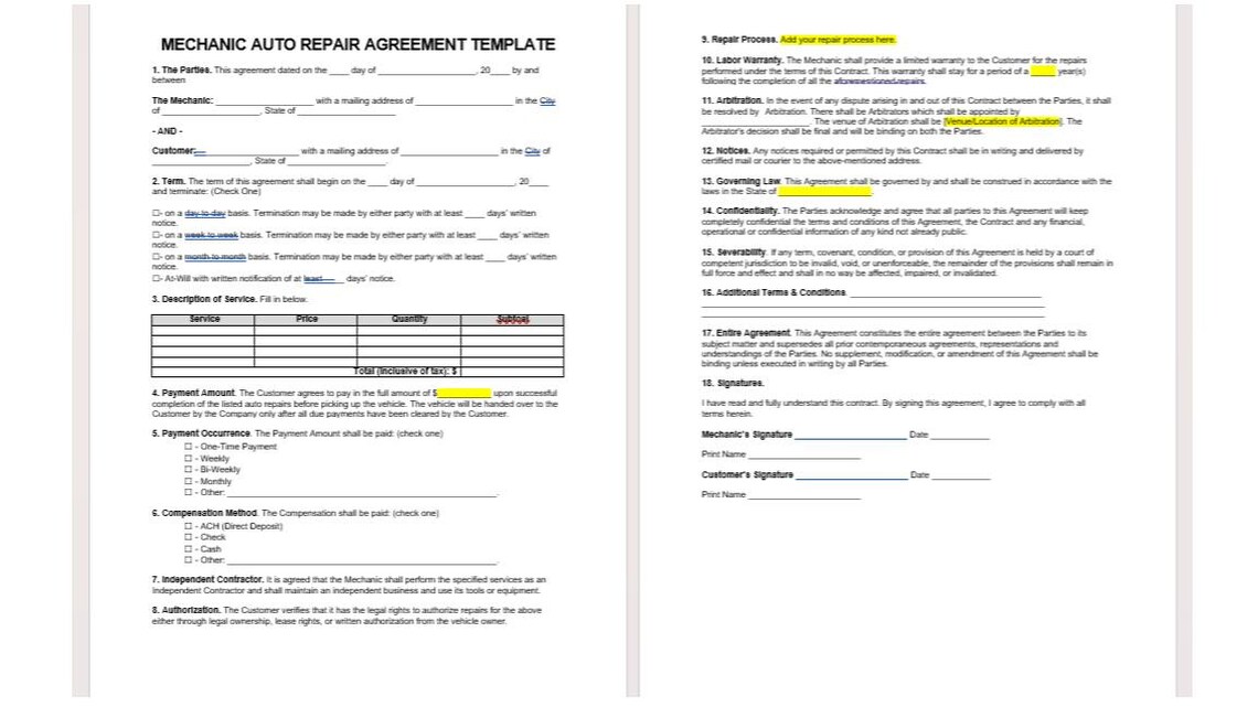 Editable Mechanic Agreement, Mechanic Agreement, Mechanic Contract ...