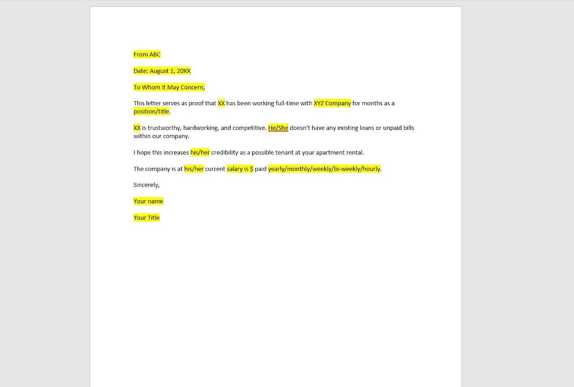 Landlord Employment Verification Letter Template, Employment ...