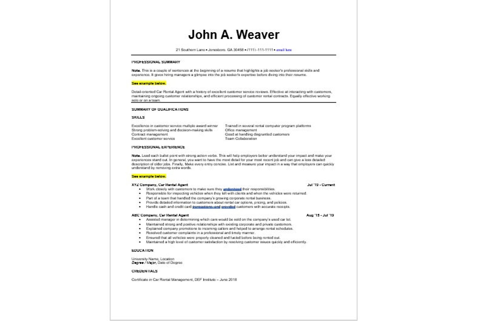 Car Rental Agent Resume Template Word, Modern Resume and Reference ...