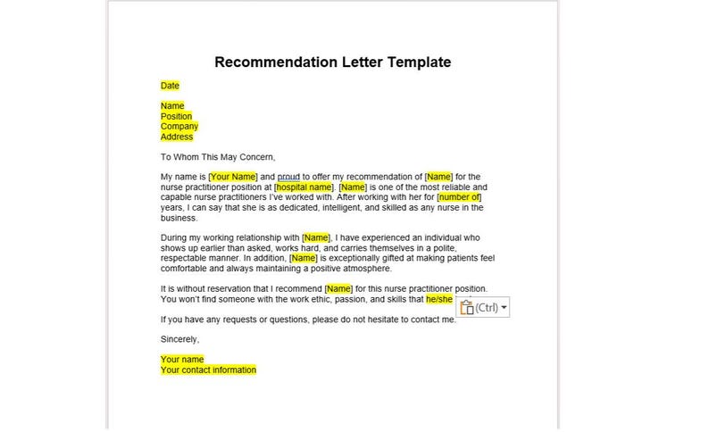 Editable Letter of Recommendation for a Nurse Practitioner, Nurse ...