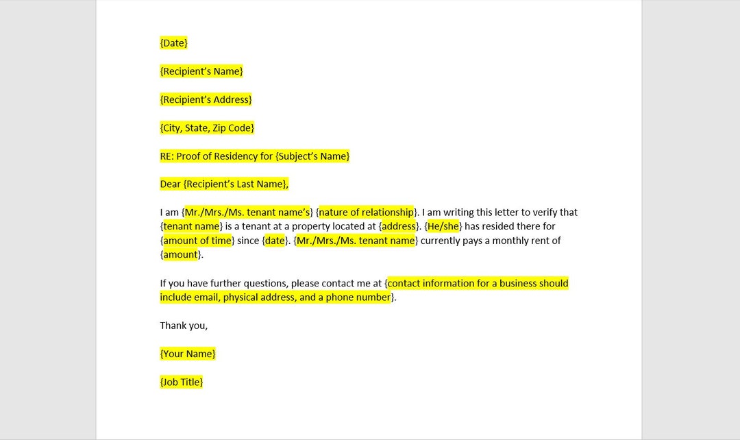 Proof of Residency Letter Template, Proof of Residency Letter, Proof of ... Proof of Residency Letter Template, Proof of Residency Letter, Proof of ...