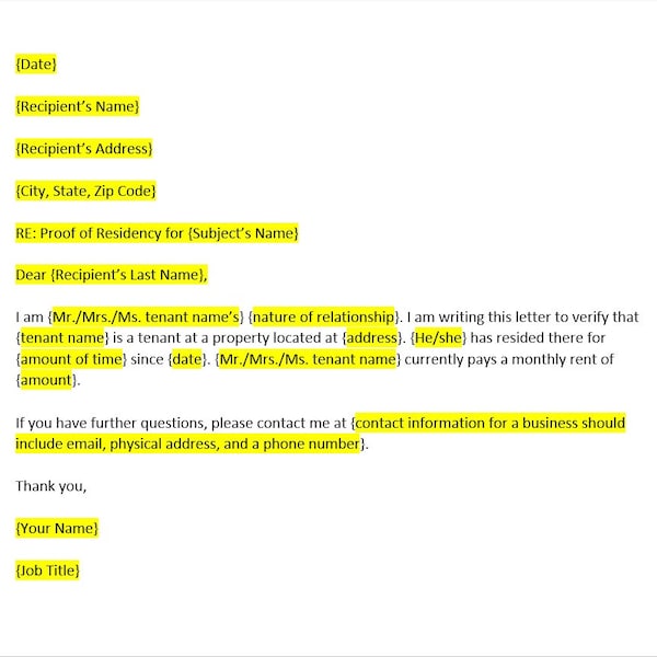Proof of Residency Letter - Etsy