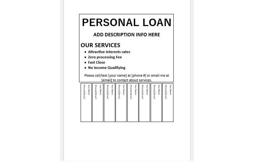Editable Personal Loan Tear-off Flyer, Personal Loan Ad, Tear-off Flyer ...