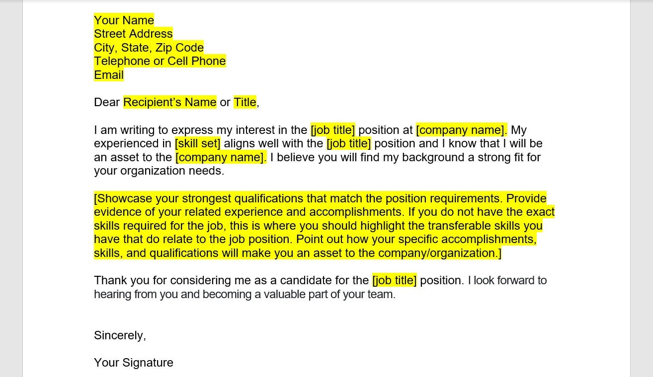 Job Cover Letter Template Word