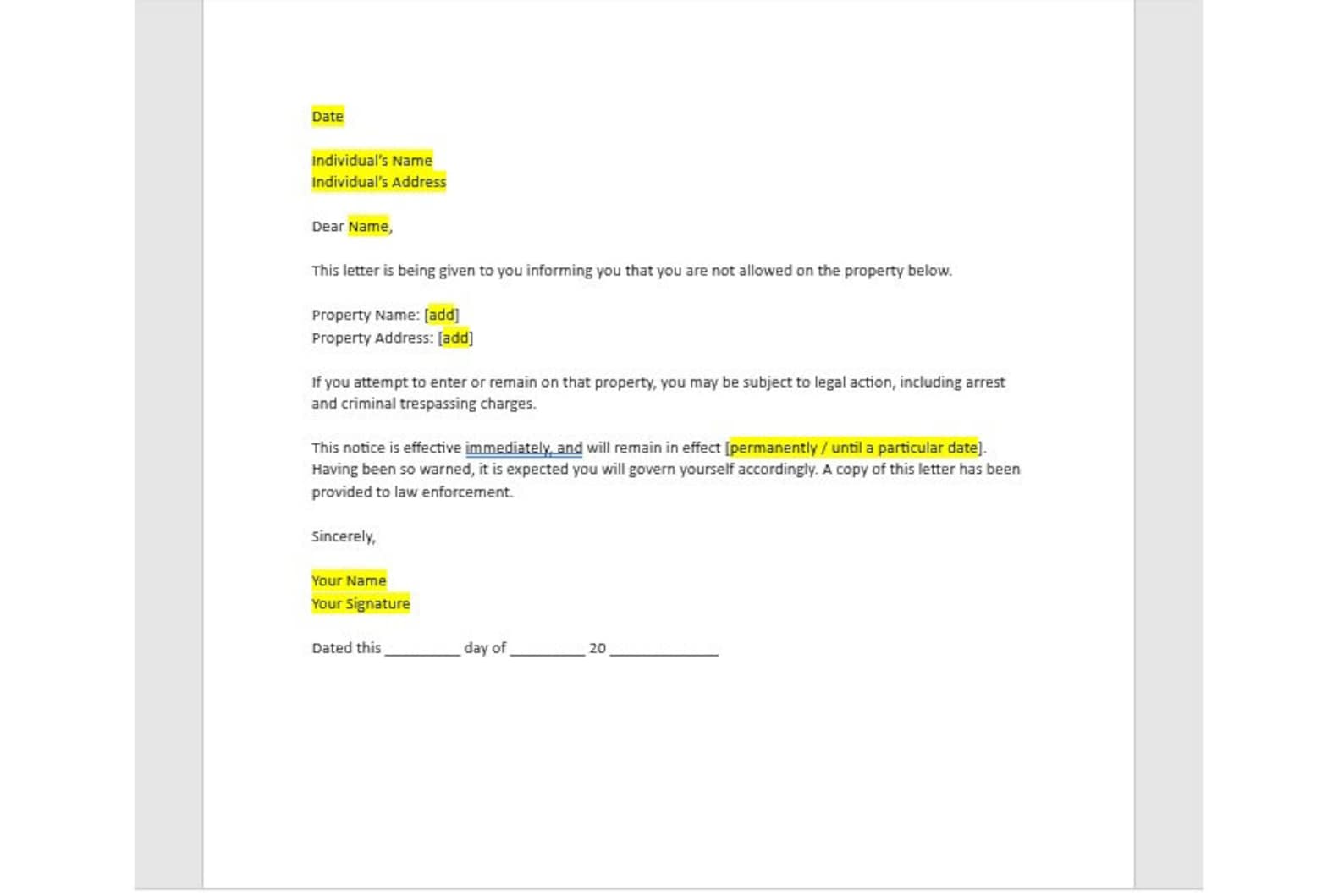 Editable No Trespassing Order Letter Template, No Trespassing Order ...