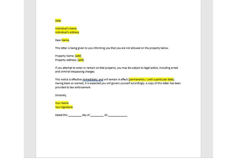 Editable No Trespassing Order Letter Template, No Trespassing Order ...