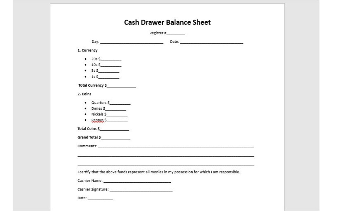 Cash Drawer Balance Sheet, Cash Drawer Balance Sheet Template, Cash ...