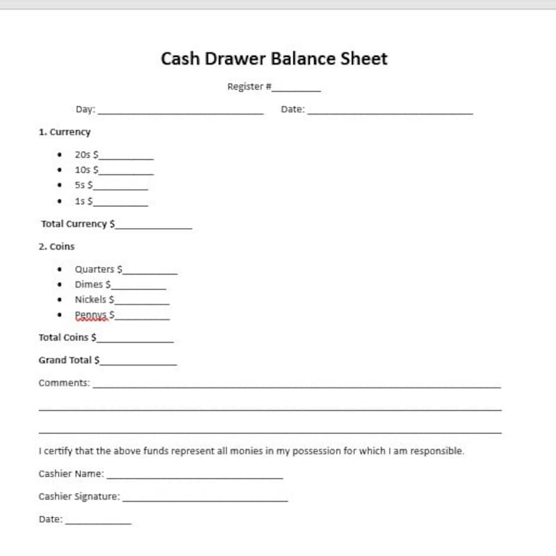 Cash Drawer Balance Sheet - Etsy