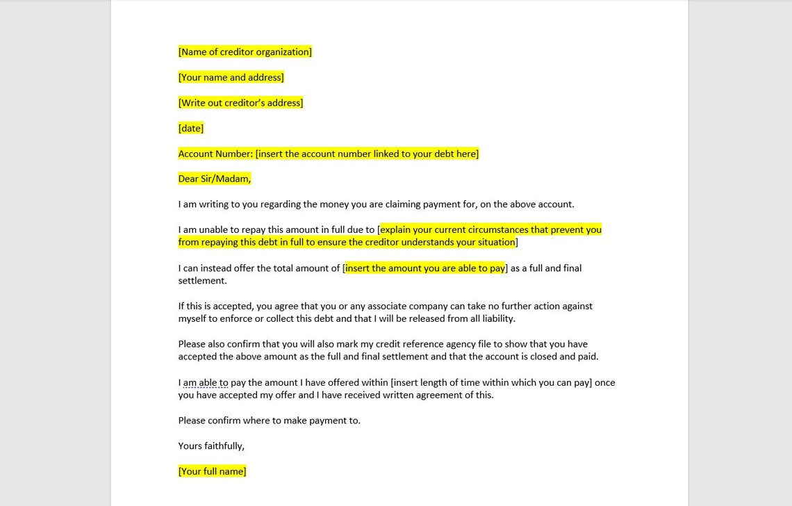 Debt Settlement Letter Template, Debt Settlement Letter, Debt ...