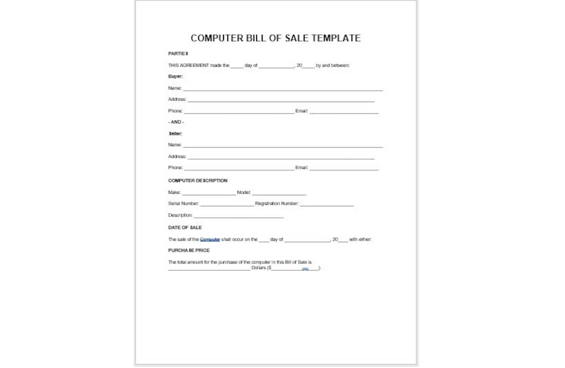 Editable Computer Bill of Sale Template, Editable Bill of Sale, Bill of ...