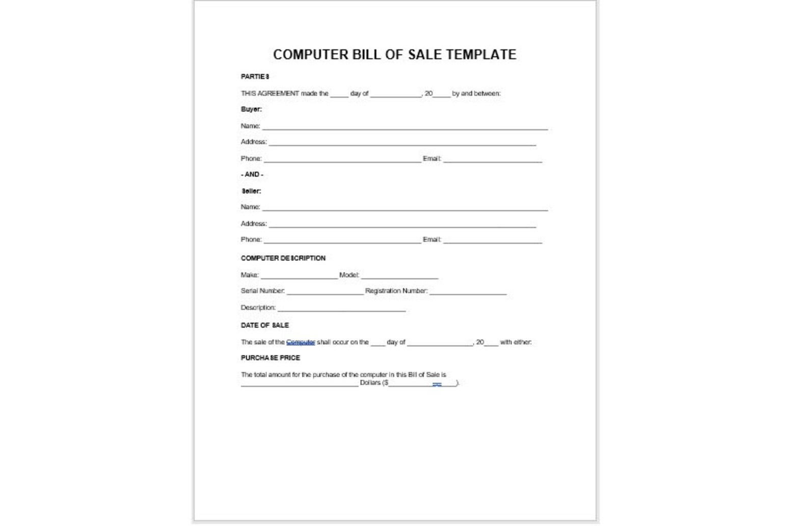Editable Computer Bill of Sale Template, Editable Bill of Sale, Bill of ...