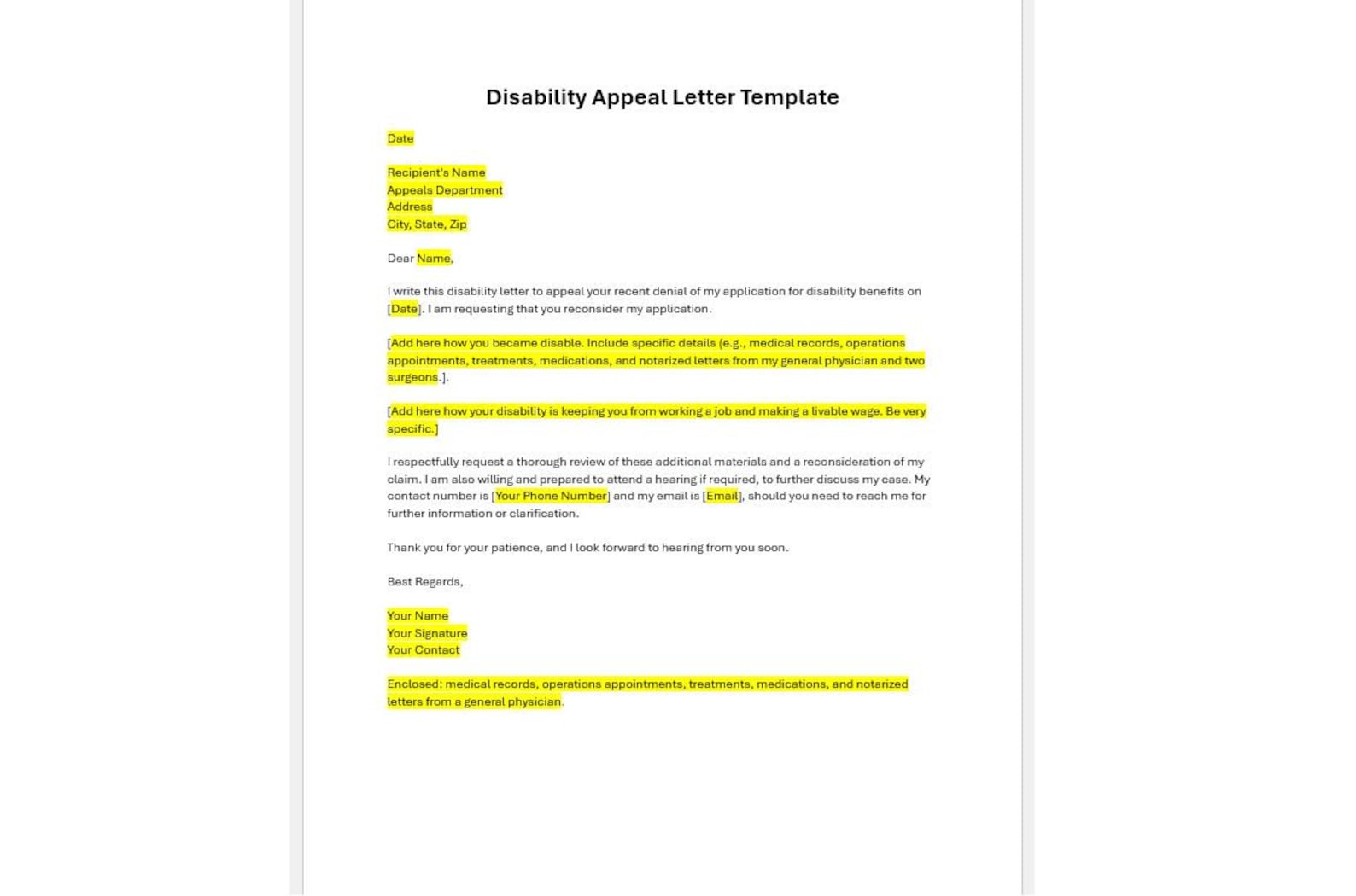 Editable Disability Appeal Letter Template, Disability Letter ...
