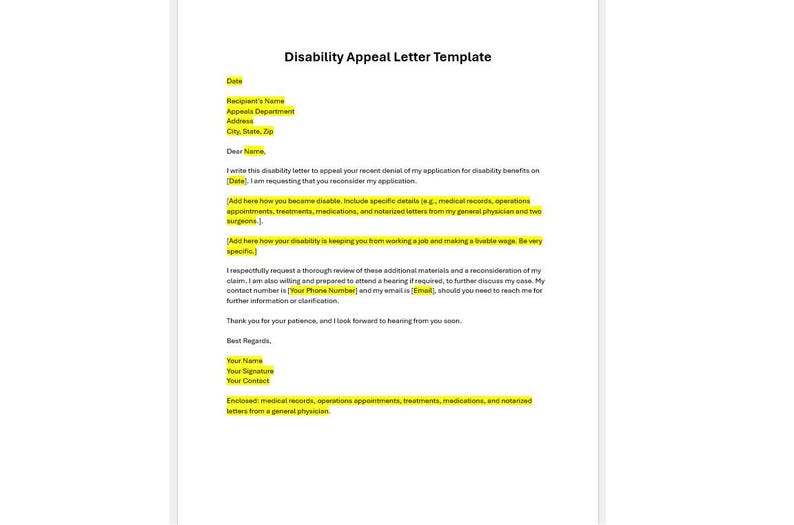Editable Disability Appeal Letter Template, Disability Letter ...