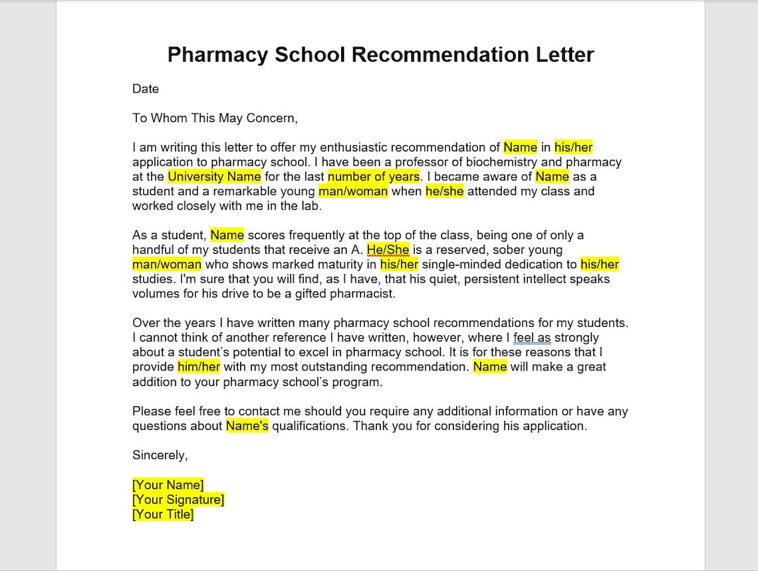 Pharmacy School Recommendation Letter Template, Pharmacy School ...