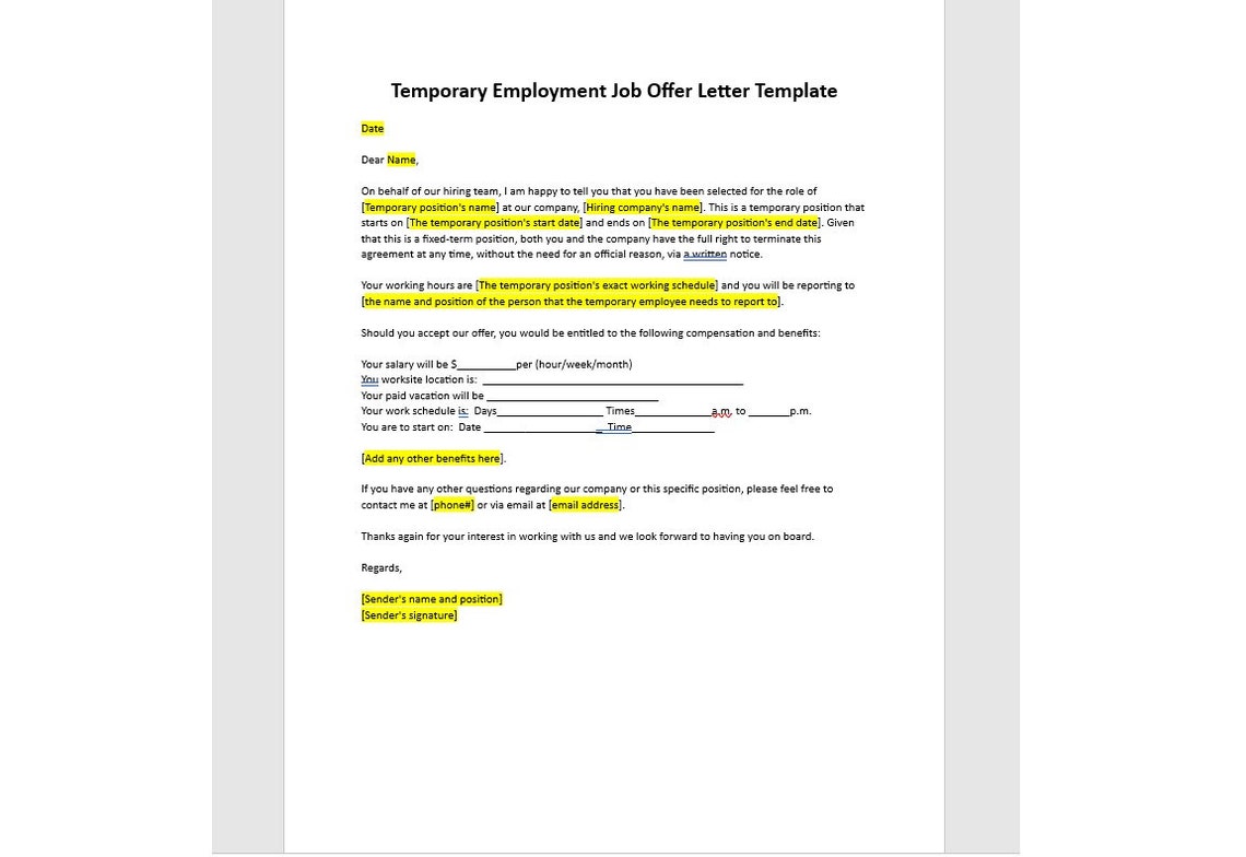 Editable Temporary Employment Job Offer Letter Template, Temporary ...