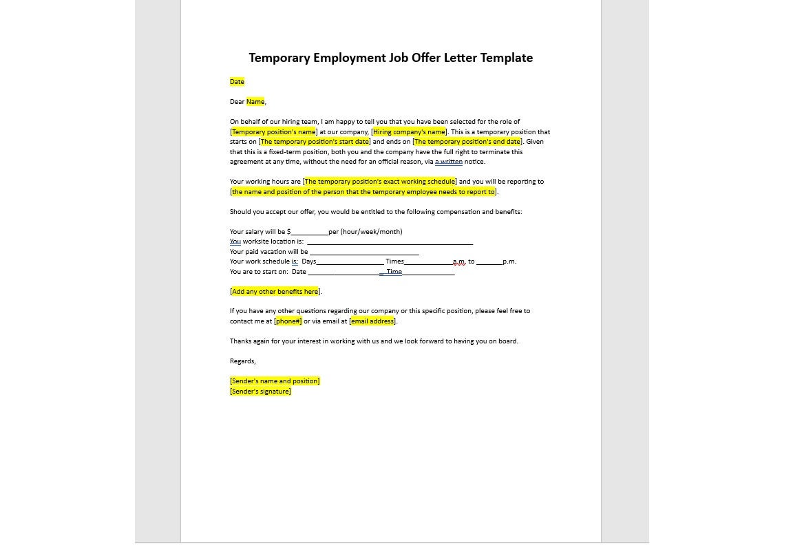 Editable Temporary Employment Job Offer Letter Template, Temporary ...