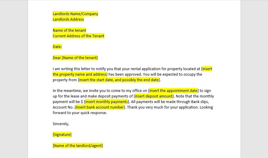 Rental Application Approval Letter Template Rental Application