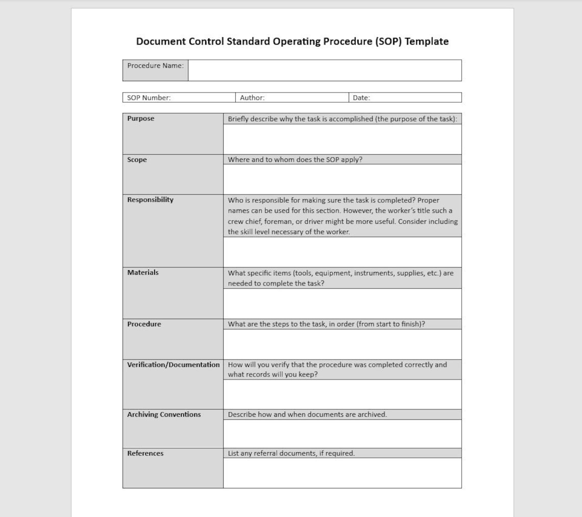 Document Control Standard Operating Procedure, Standard Operating ...