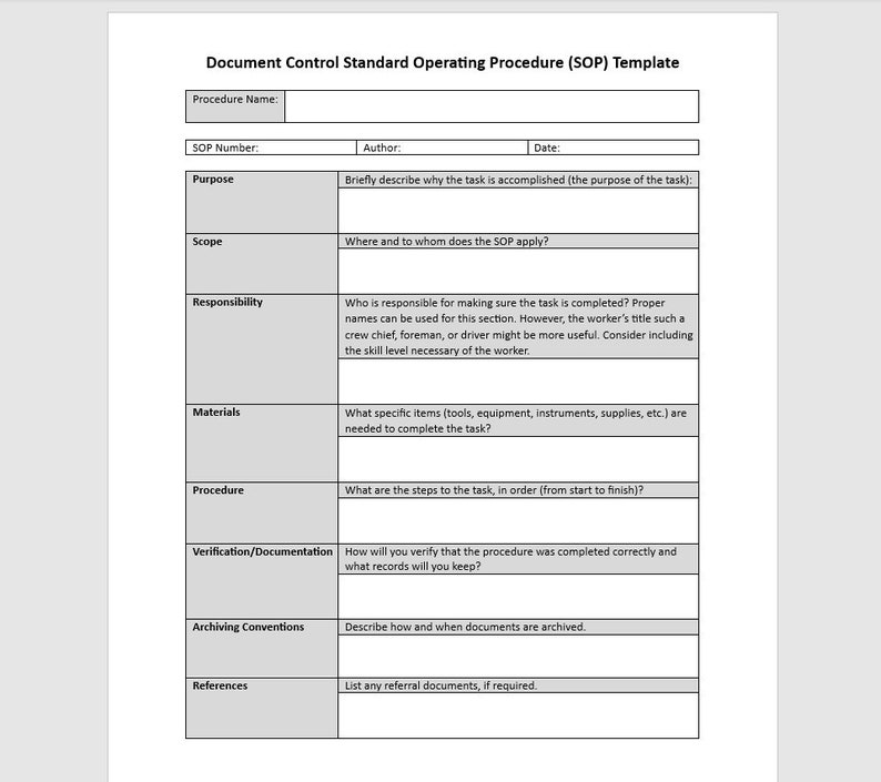 Document Control Standard Operating Procedure, Standard Operating ...
