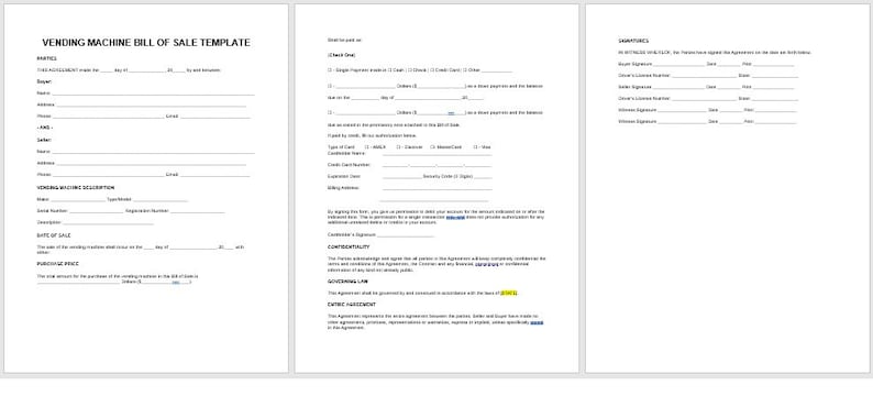Editable Vending Machine Bill of Sale Template, Editable Bill of Sale ...