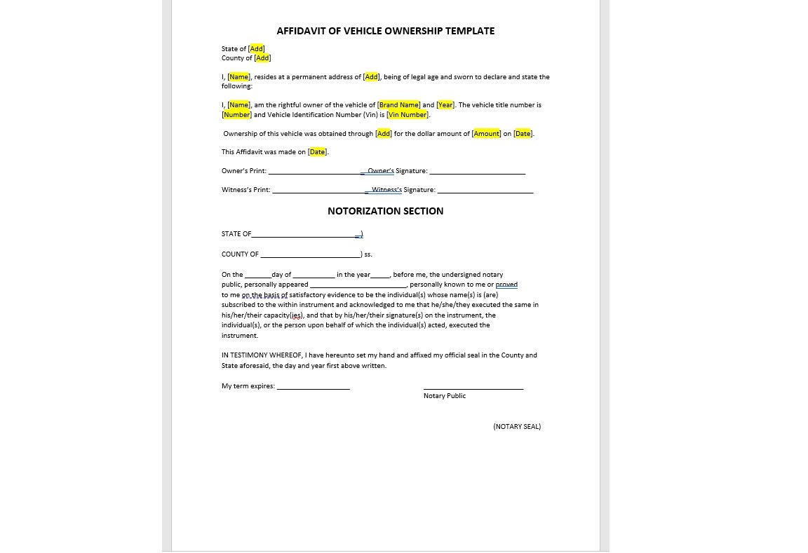 Affidavit of Vehicle Ownership, Affidavit of Vehicle Ownership Letter ...