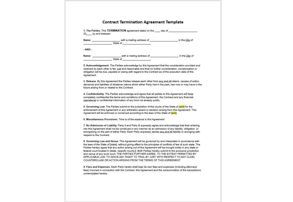 Editable Contract Termination Agreement, Contract Termination Agreement ...