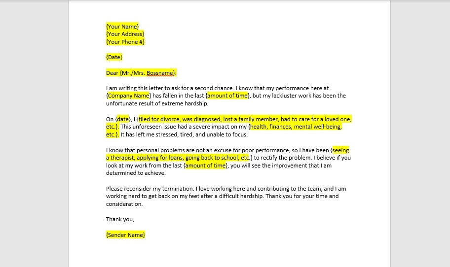 Hardship Termination Appeal Letter Template, Termination Appeal Letter ...