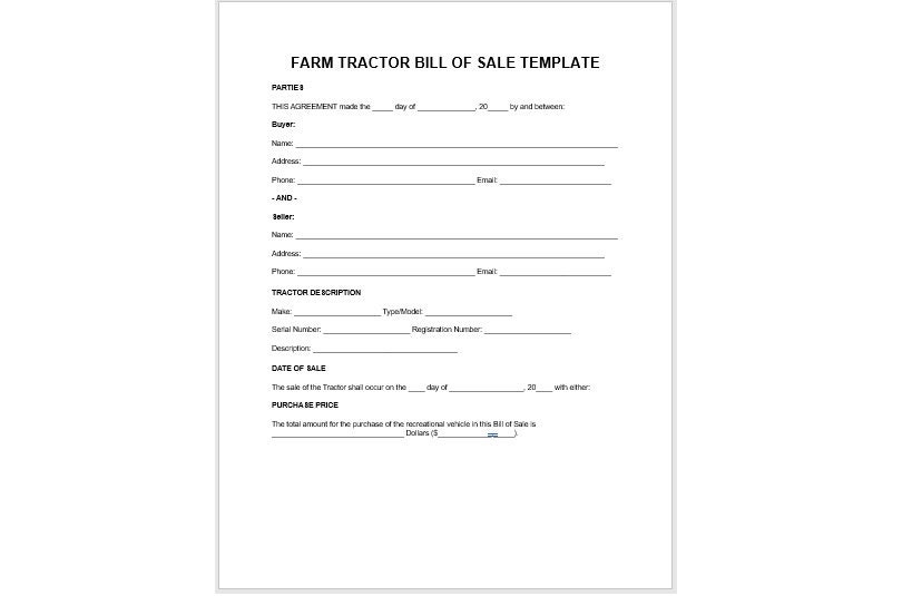 Editable Farm Tractor Bill of Sale Template, Editable Bill of Sale ...