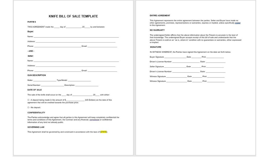 Editable Knife Bill of Sale Template, Editable Bill of Sale, Bill of ...