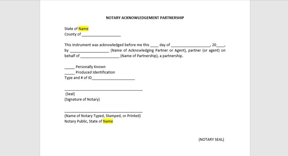 Partnership Notary Acknowledgement Form, Notary Acknowledgement Form ...