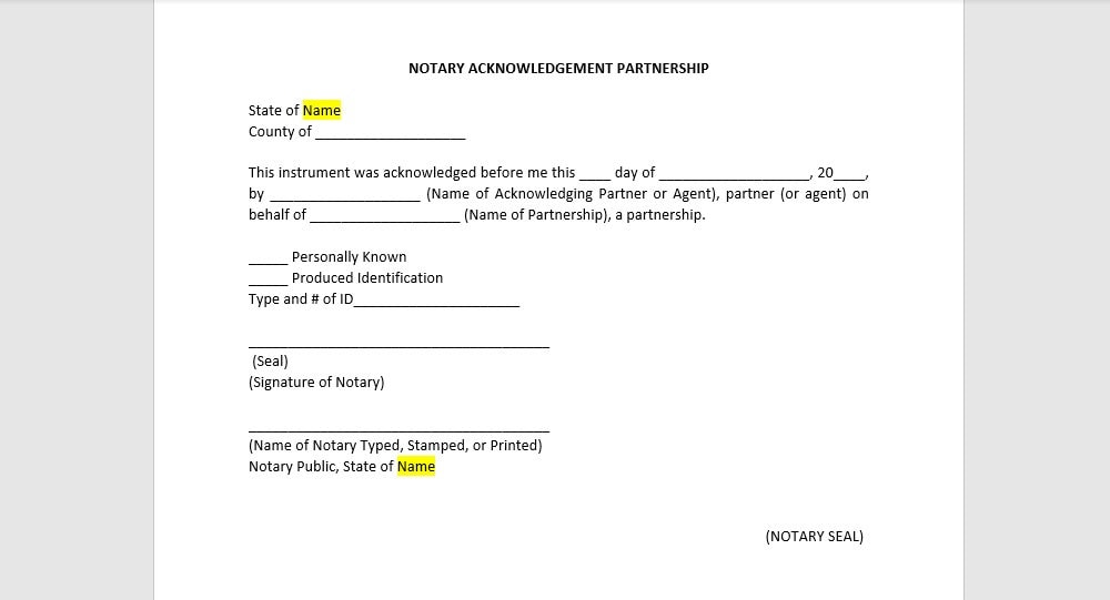 Partnership Notary Acknowledgement Form, Notary Acknowledgement Form ...
