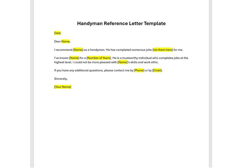 Handyman Reference Letter Template, Handyman Reference Letter, Handyman ...