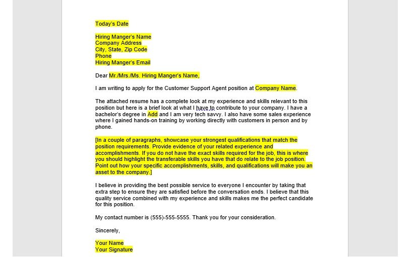Customer Support Agent Cover Letter, Cover Letter Template, Editable ...