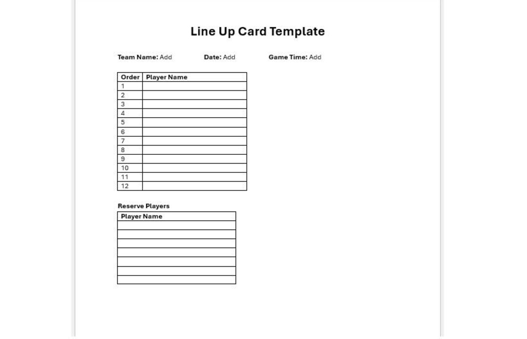 Printable Lineup Card Template, Printable Lineup Card, Sports Lineup ...