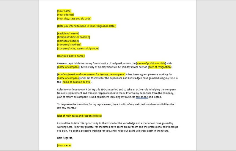 150 Day Resignation Letter Template, Resignation Letter, Resignation ...