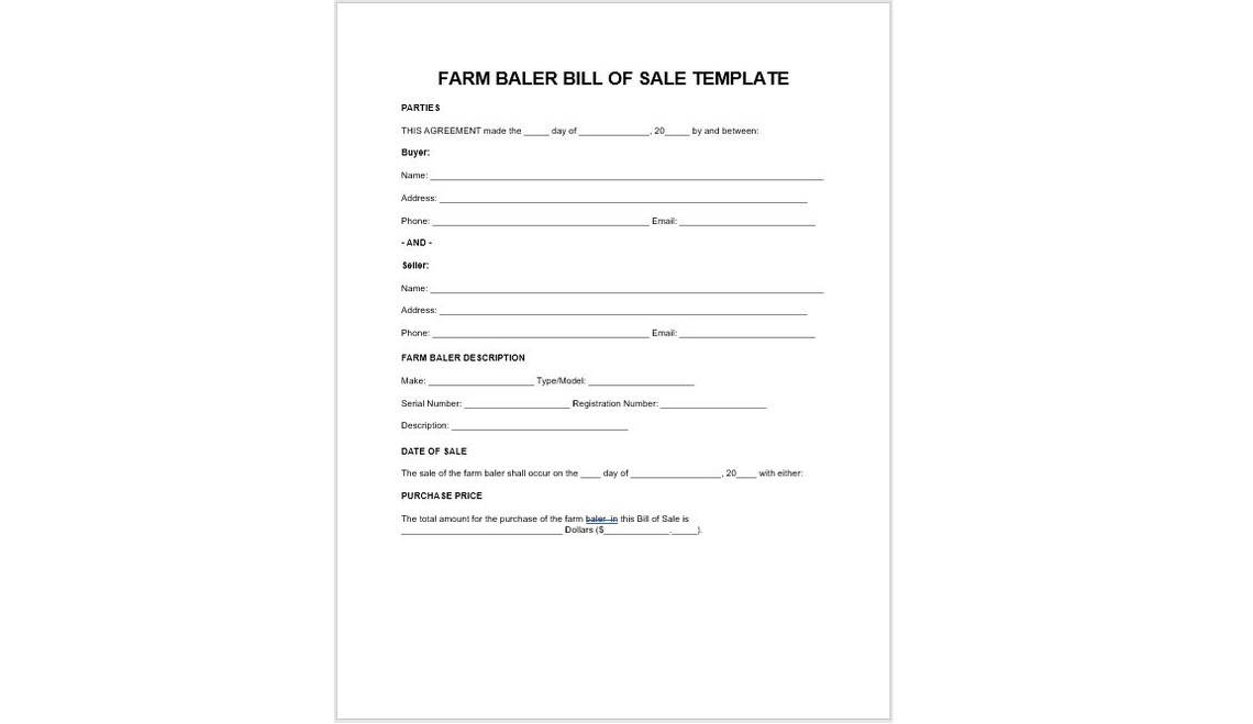 Editable Farm Baler Bill of Sale Template, Editable Bill of Sale, Bill ...