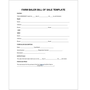 Editable Farm Baler Bill of Sale Template, Editable Bill of Sale, Bill ...