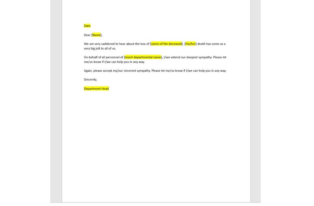 Editable Condolence Letter for Death of Employee Template, Condolence ...