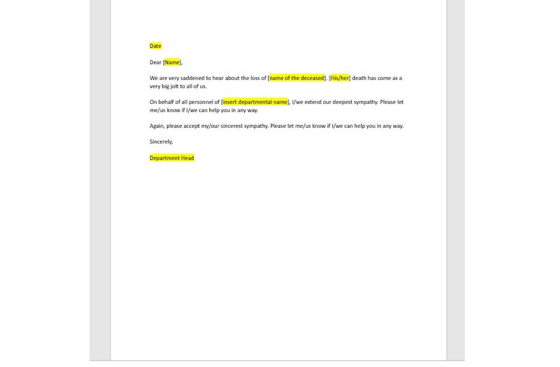 Editable Condolence Letter for Death of Employee Template, Condolence ...