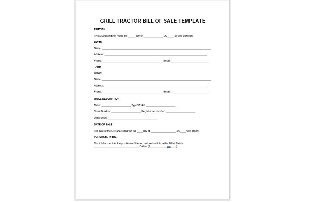 Editable Grill Bill of Sale Template, Editable Bill of Sale, Bill of ...