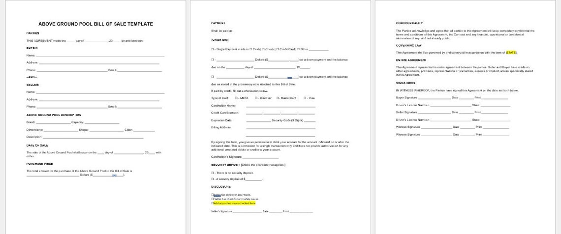 Editable Above Ground Pool Bill of Sale Template, Editable Bill of Sale ...