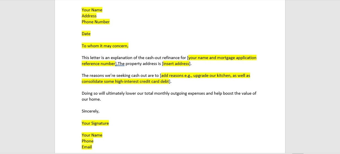 Cash Out Refinance Letter Template, Cash Out Refinance Letter, Cash Out ...