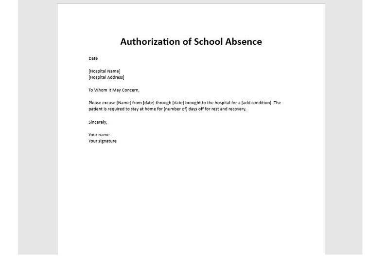Editable Authorization for School Absence Template, Doctor Excuse Note ...